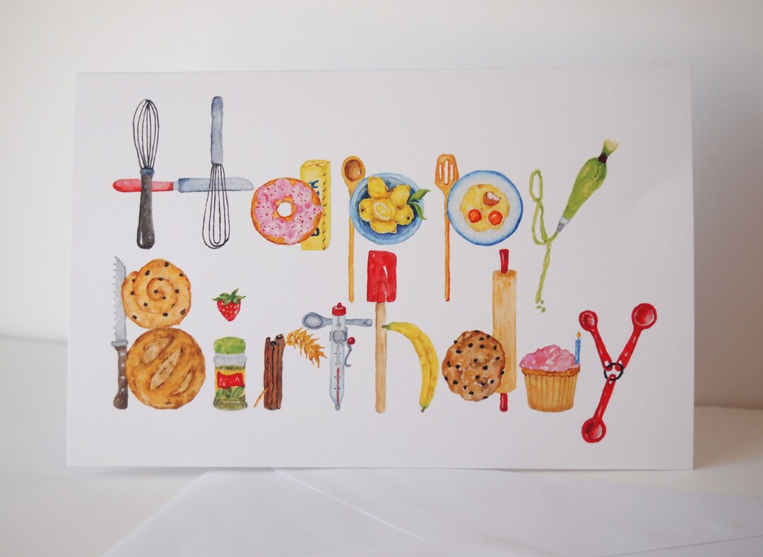 Baking Birthday Greeting Card, Unique Hand Painted Watercolor Printed ...