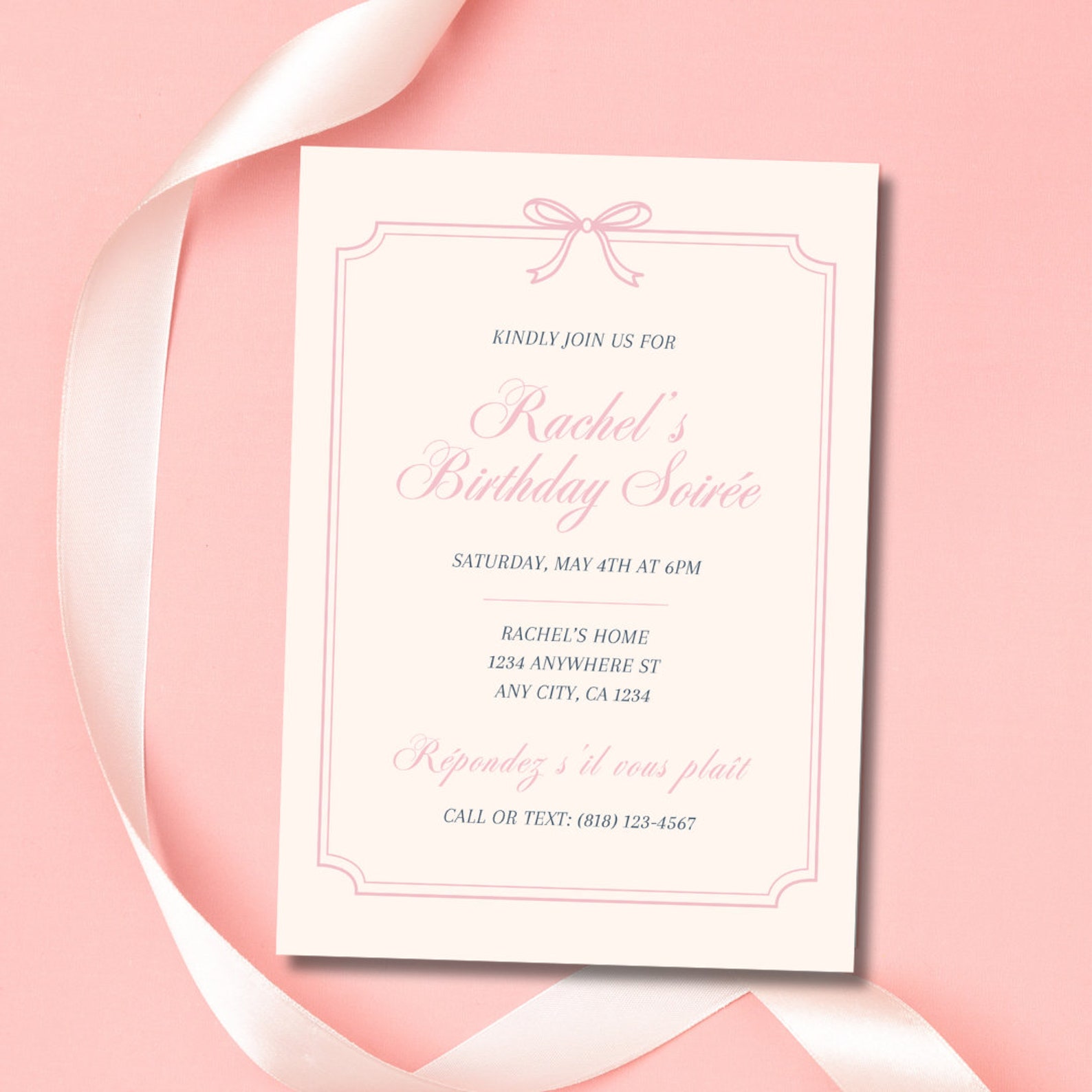 Pink Bow Birthday Party Invitation Download - Etsy