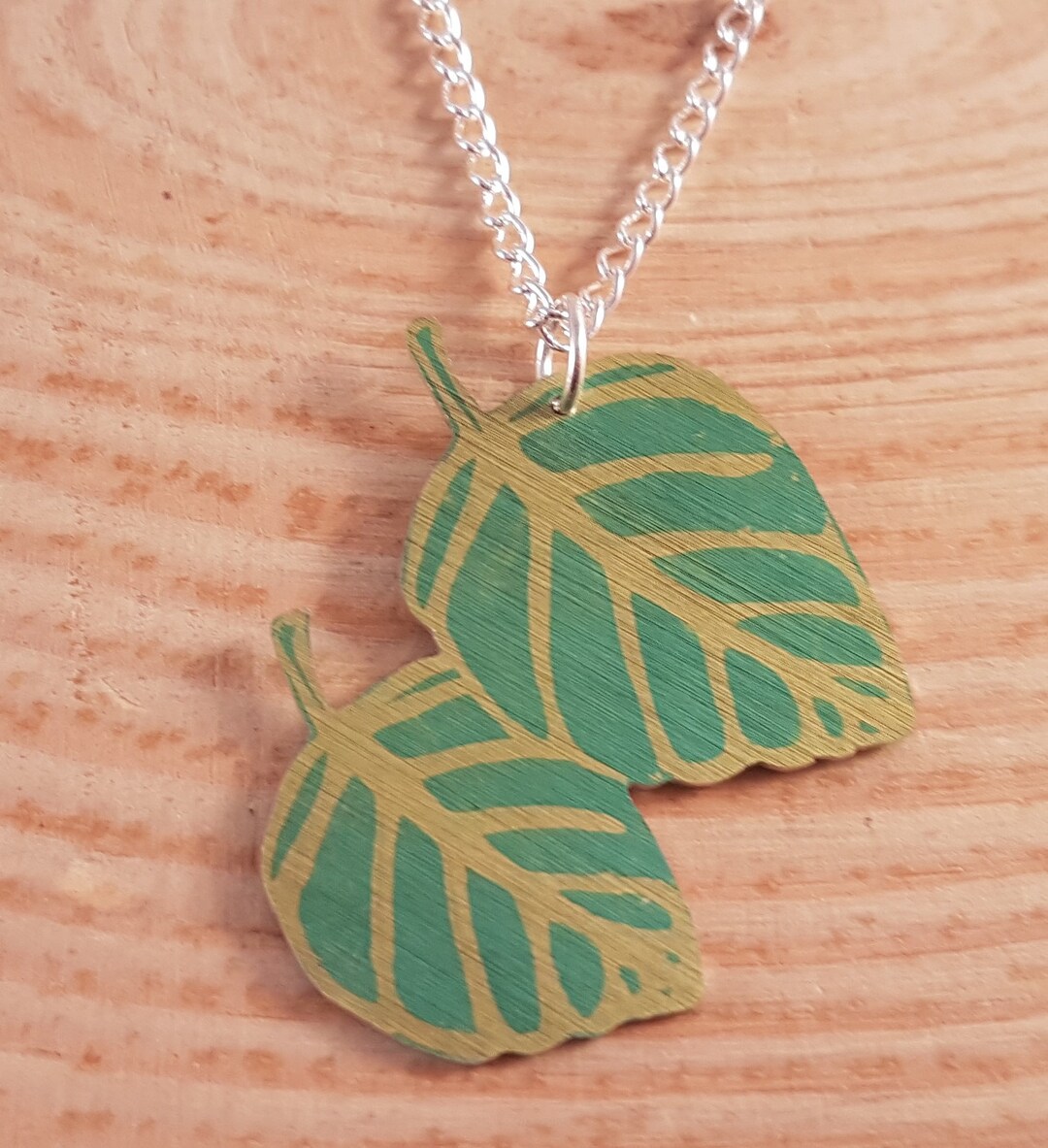 Hand Made Anodised Aluminium Double Leaf Necklace, Hypoallergenic ...