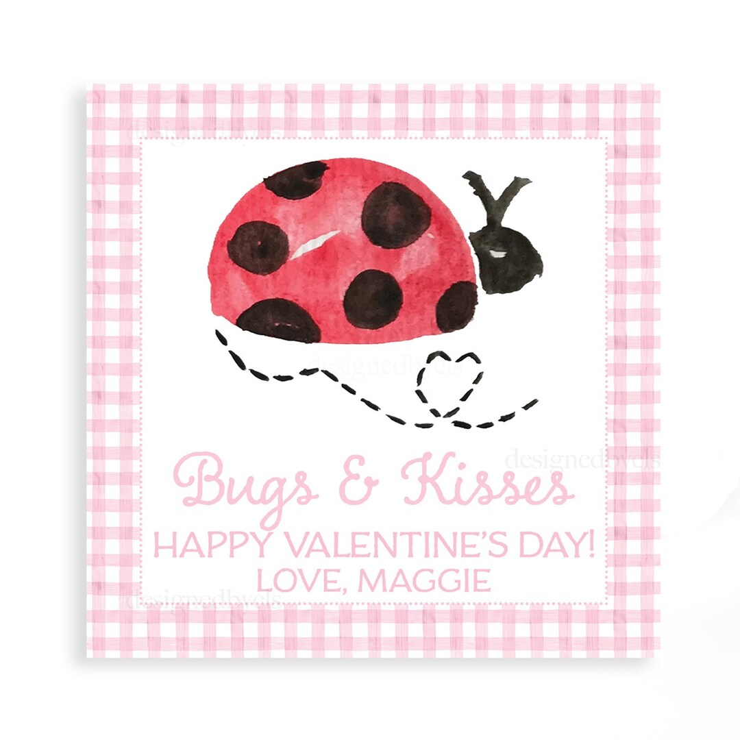 BUGS and KISSES Valentine's | Ladybug Watercolor Valentine TAG - Etsy