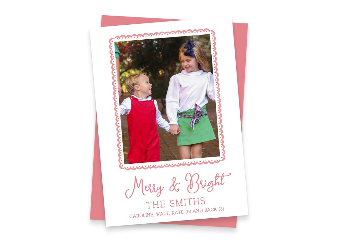 Merry & Bright Scallop Border | Christmas Card | Print/ship or Digital ...