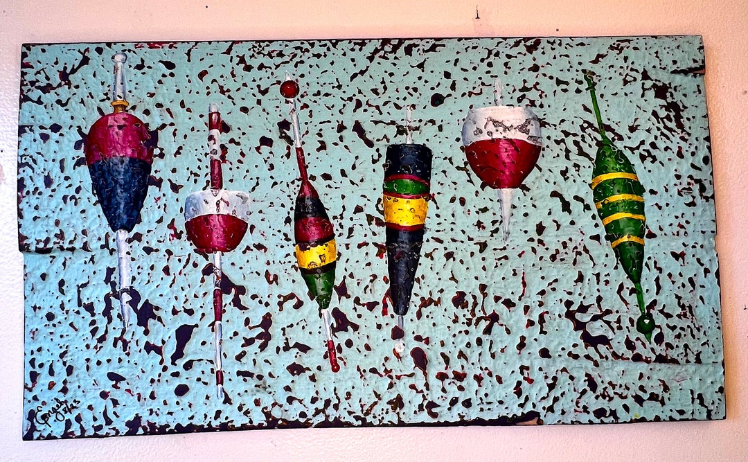 Hand-painted Antique Fishing Bobbers on Reclaimed Pallet Wood, Coastal ...
