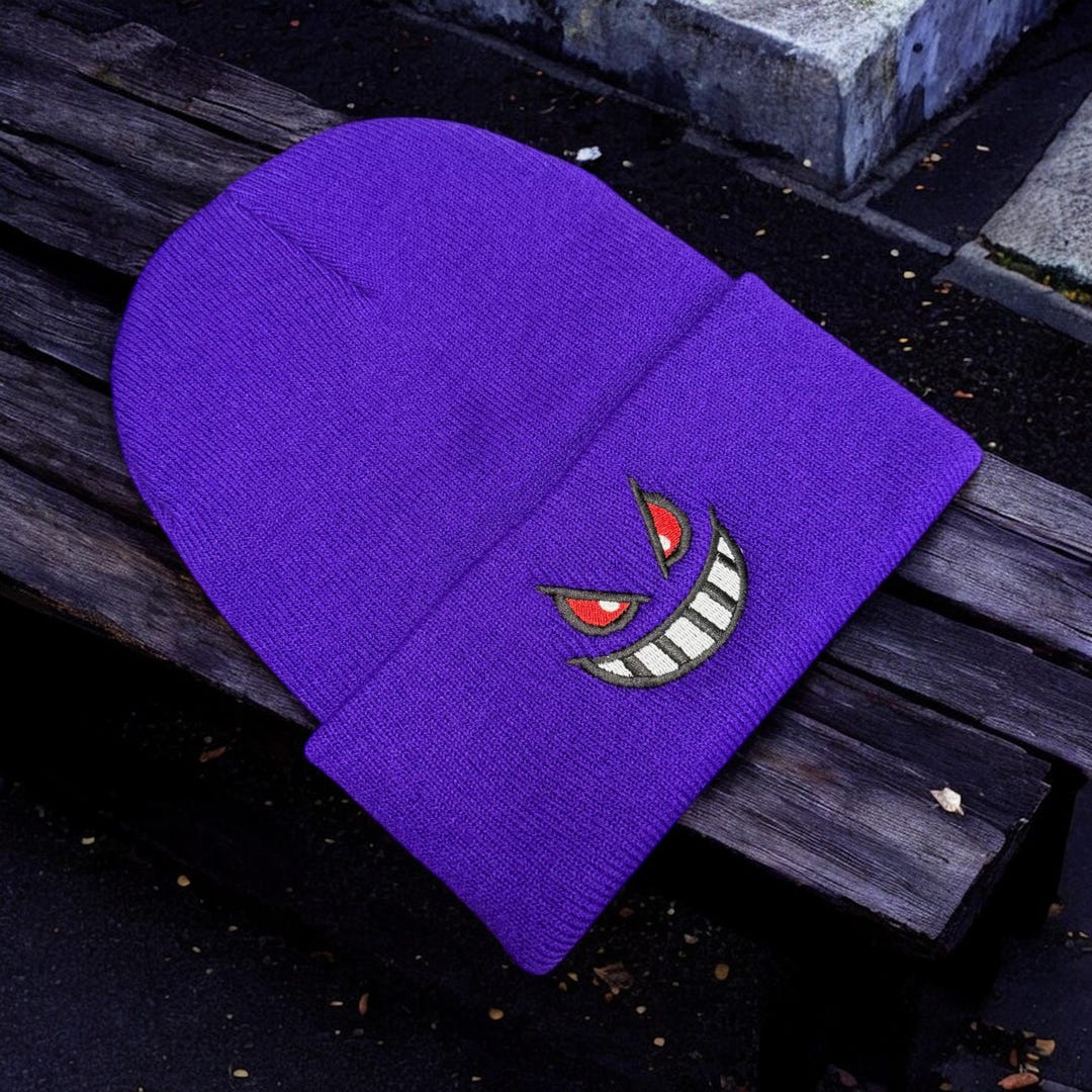 12” Purple Flip Beanie With Gengar Face Embroidery – Cozy Cap | Cute ...