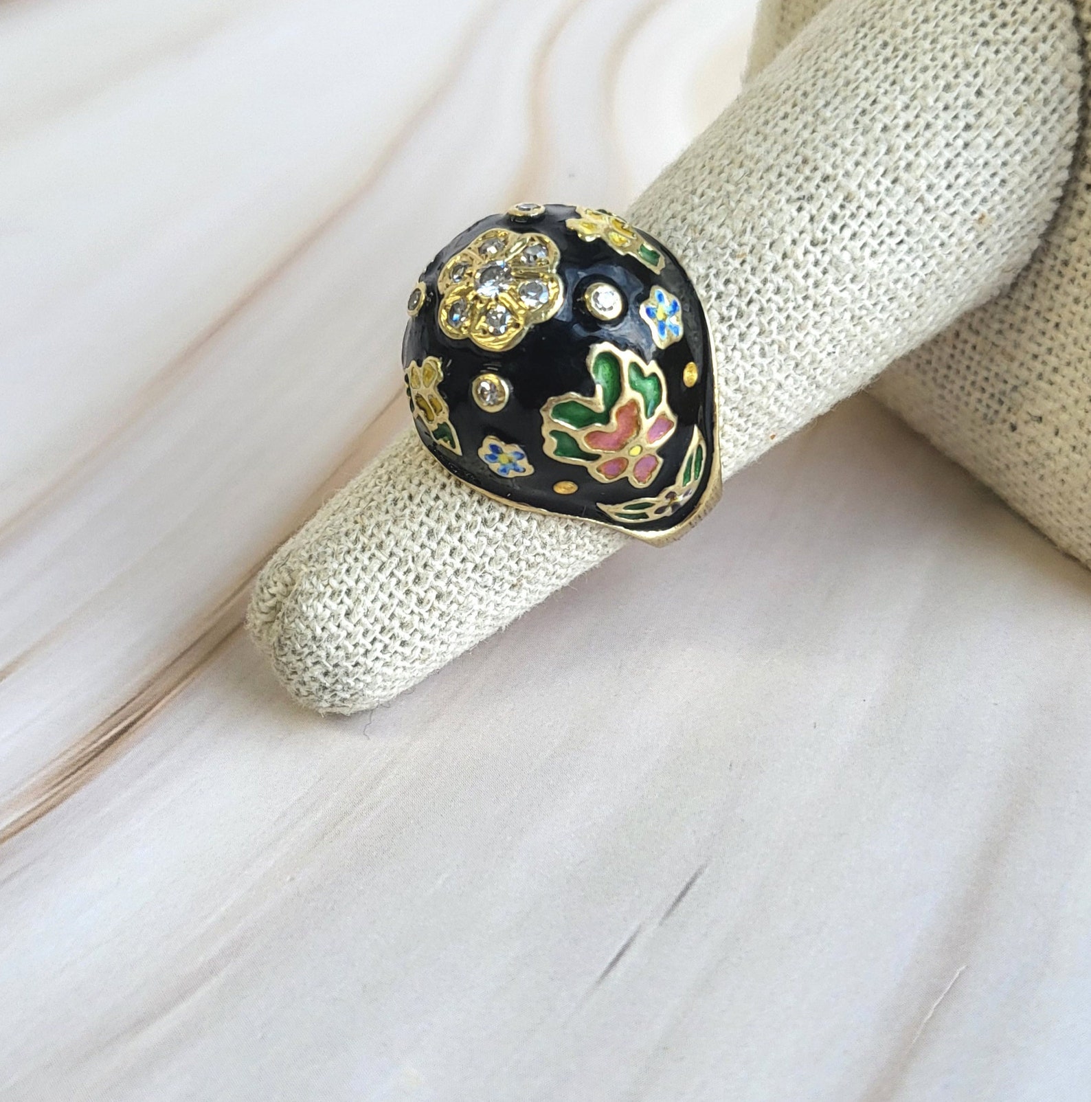 Vintage 14K Gold Floral Enamel Diamond Dome Ring - Etsy