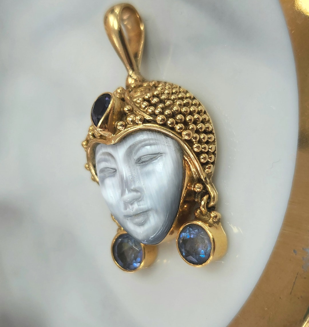 18K Yellow Gold Sajen Bali Goddess Carved Mother of Pearl, Sapphire ...