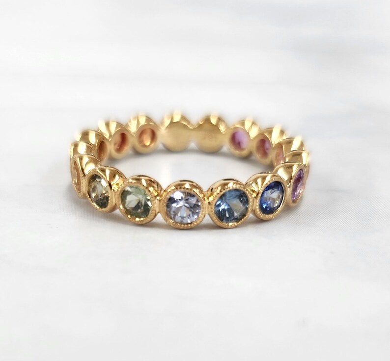 18K Gold Rainbow Sapphire Bezel Set Eternity Ring Band - Etsy