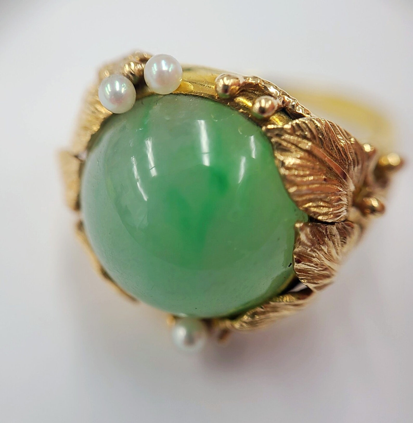 Vintage 14K YG Jade Dome Floral Ring With Pearls - Etsy
