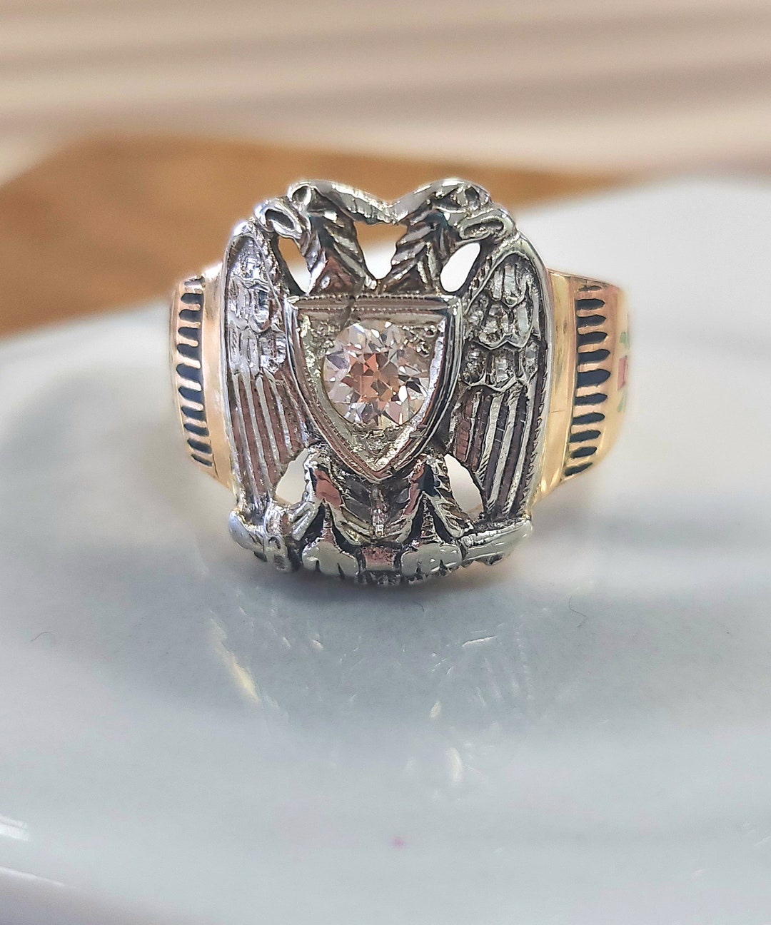 14K Gold 1920's Freemason 0.50 Carat Old Cut Diamond Double Eagle Ring ...