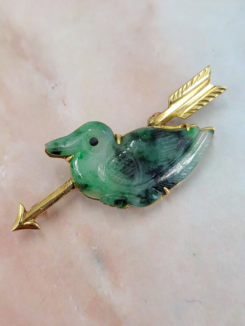 Vintage 14K Gold Jade Duck and Arrow Brooch | Etsy