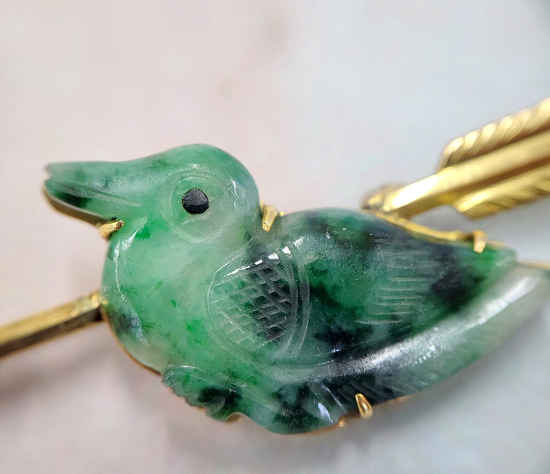 Vintage 14K Gold Jade Duck and Arrow Brooch | Etsy