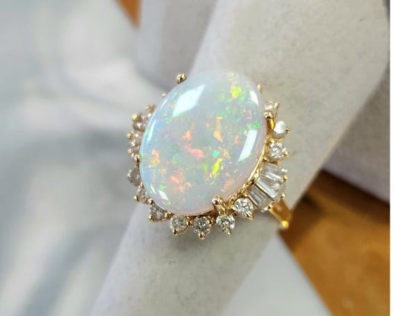 14K Yellow Gold Australian Opal Ring with Diamonds Classic Ballerina Setting 7 Carat Opal Statement Ring