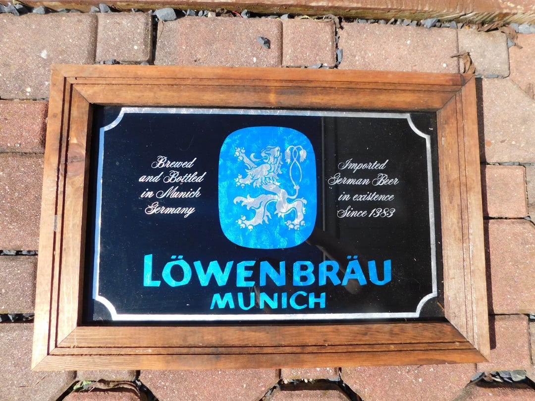 VINTAGE LOWENBRAU MUNICH Imported German Beer Wood Framed Bar Sign ...