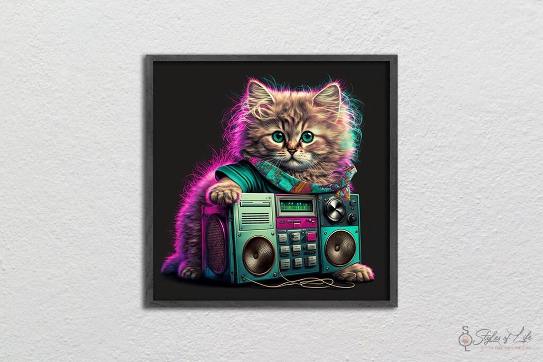 80's Retro Kitten Cat, Stereo, Pink & Teal Color, Wall Decor, Poster - Etsy
