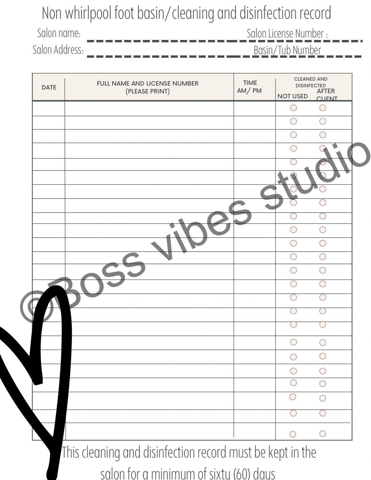 Non Whirlpool Basin ,instant Download,salon Disinfection Log Printable ...