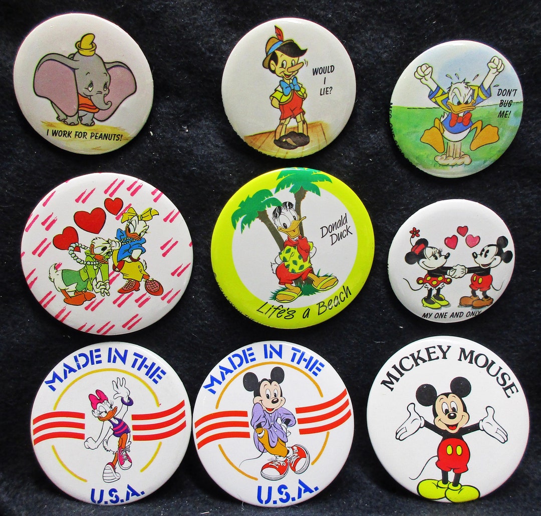 No.3150a Set of 9 Disney Character Buttons, Metal With Clip Pin on the ...