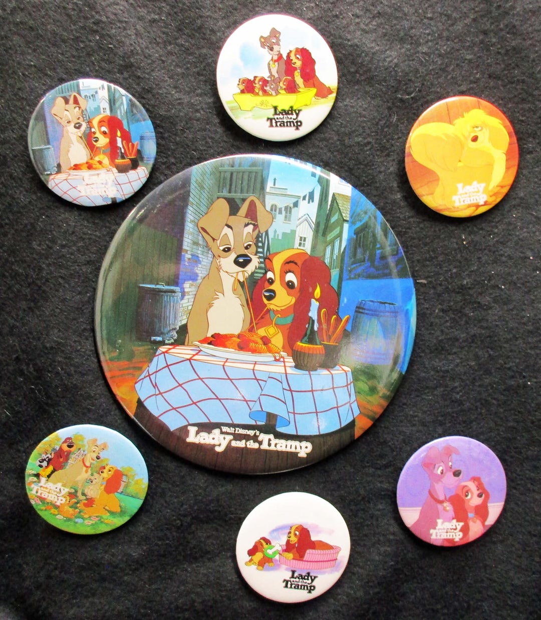 No.3211a Set of 7 Disney, Steel Buttons, Lady and the Tramp Characters ...