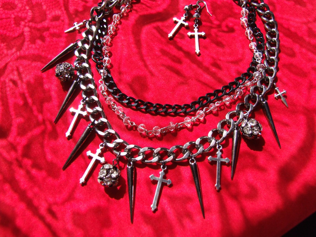 Punk Cross and Spike Layer Necklace/earring Set / Goth Cross and Spike ...
