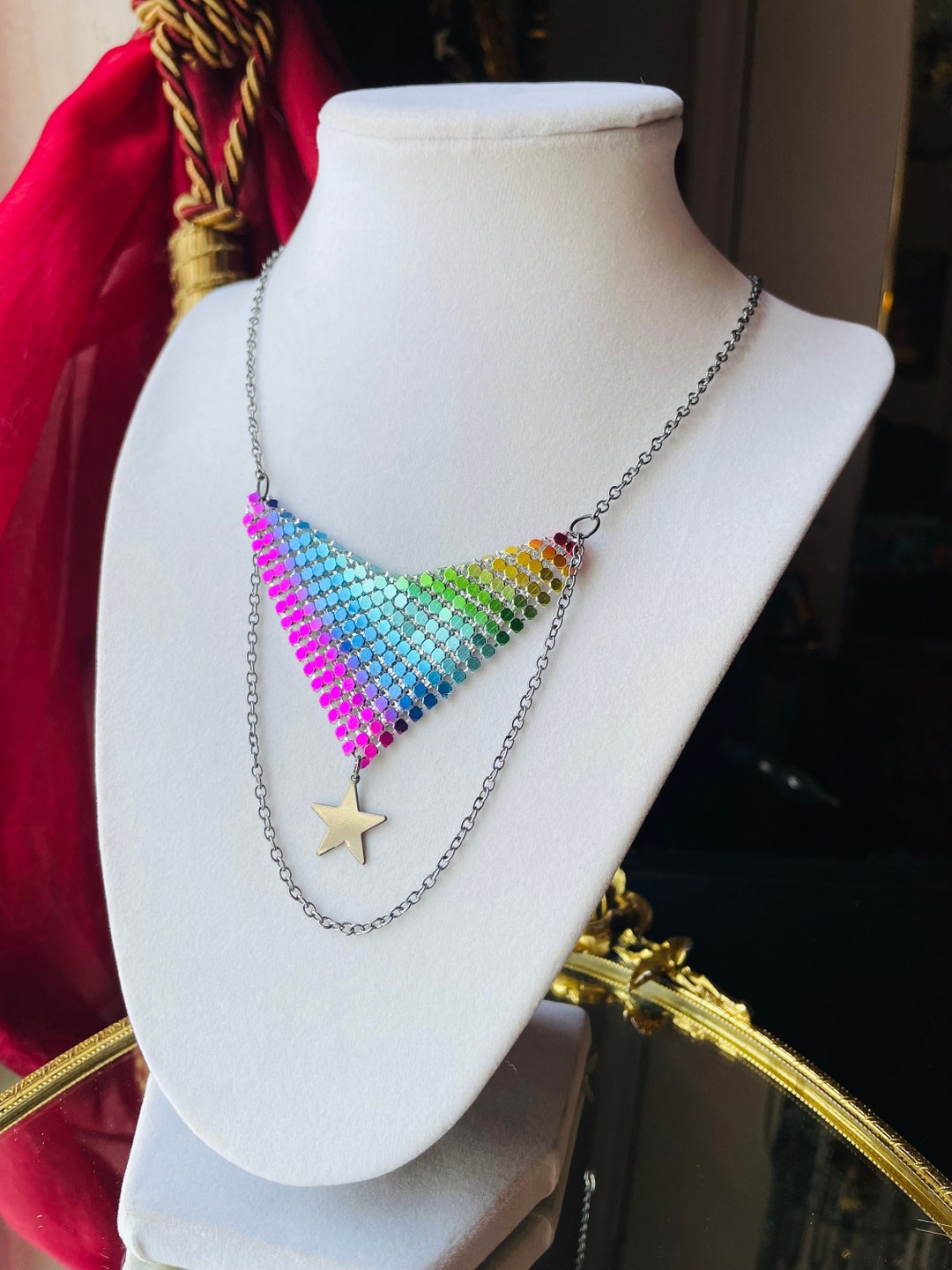Super Cool Rainbow Mesh Glam Rock Star Necklace / Cute Rainbow - Etsy