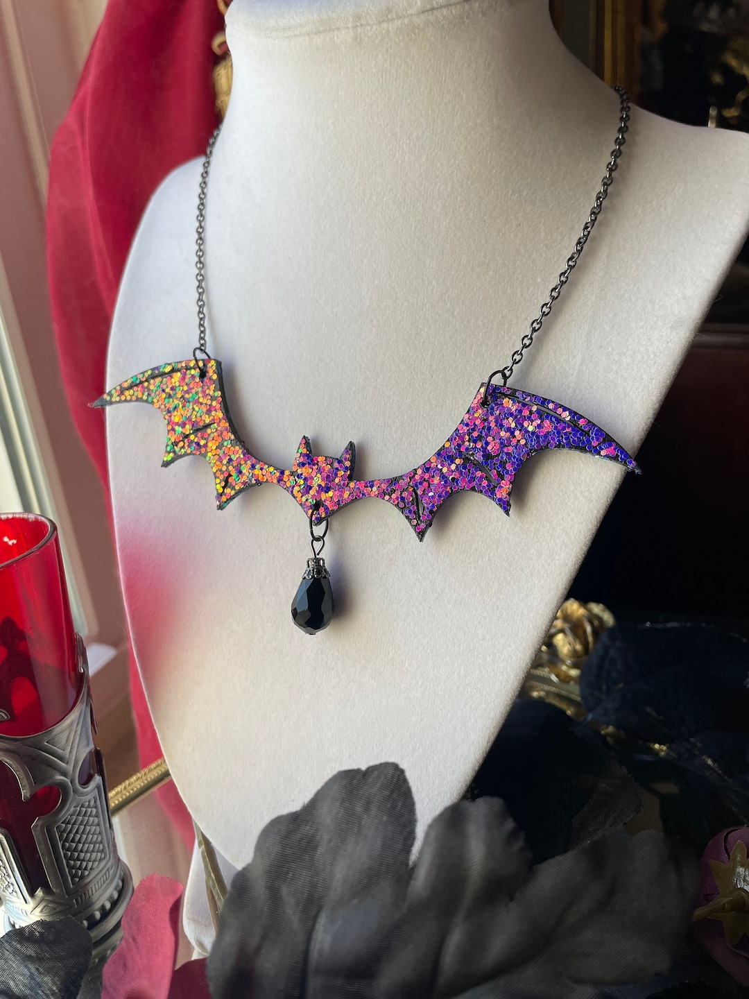 Beautiful Gothic Dragon Glitter Bat Necklace / Fancy Purple Iridescent ...