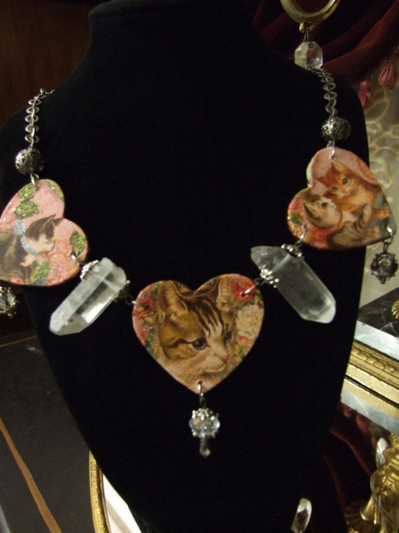 Kitty Victorian Decoupage Heart and Quartz Crystal Statement | Etsy