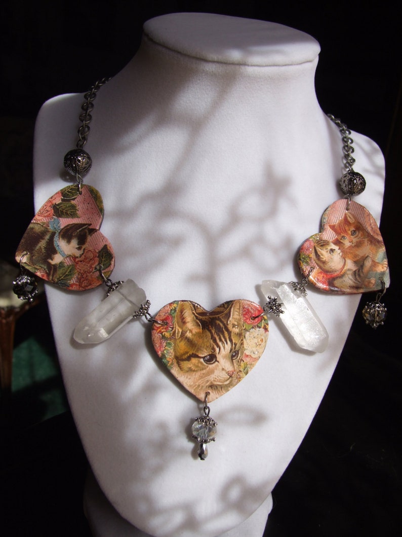 Kitty Victorian Decoupage Heart and Quartz Crystal Statement | Etsy