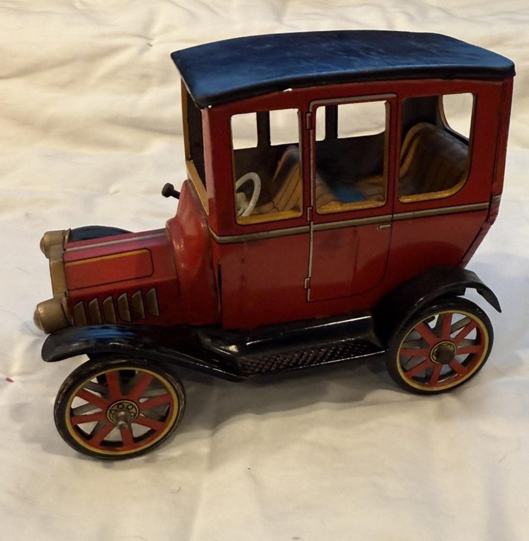 Vintage Red Modern Toys Tin Metal Litho Lever Action Car Model T ...