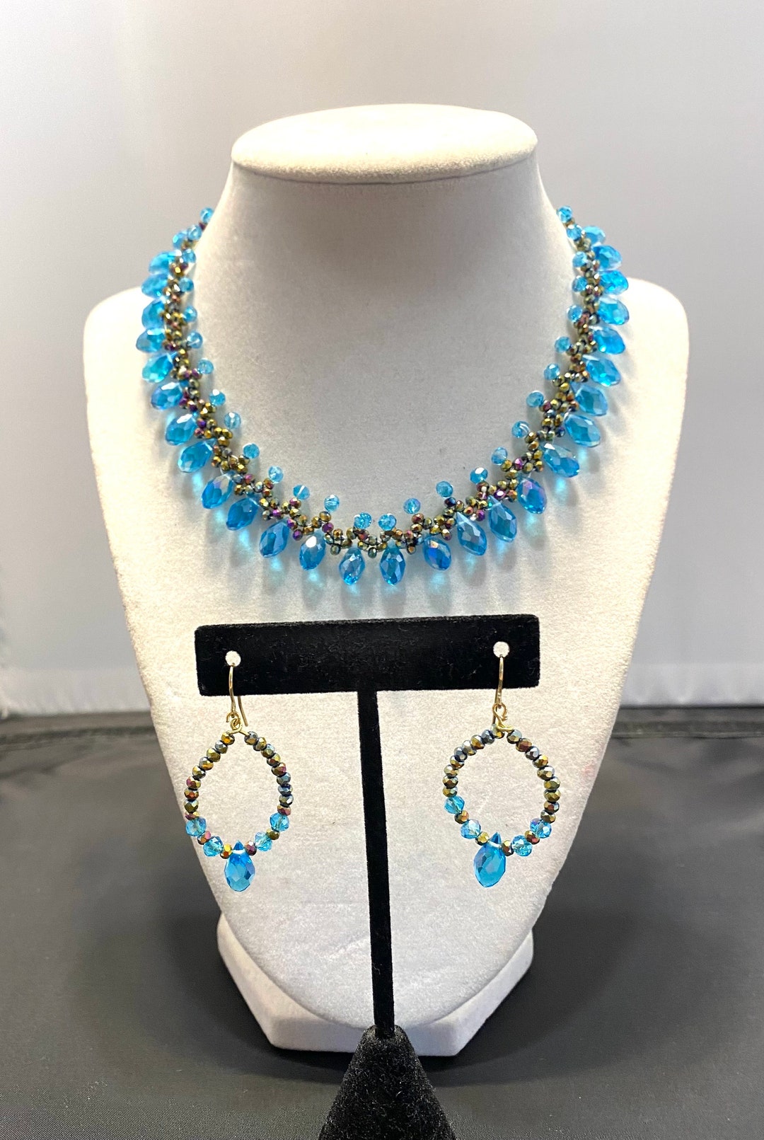 Aqua Blue N Gold Crystal Necklace and Earrings Jewelry Set - Etsy
