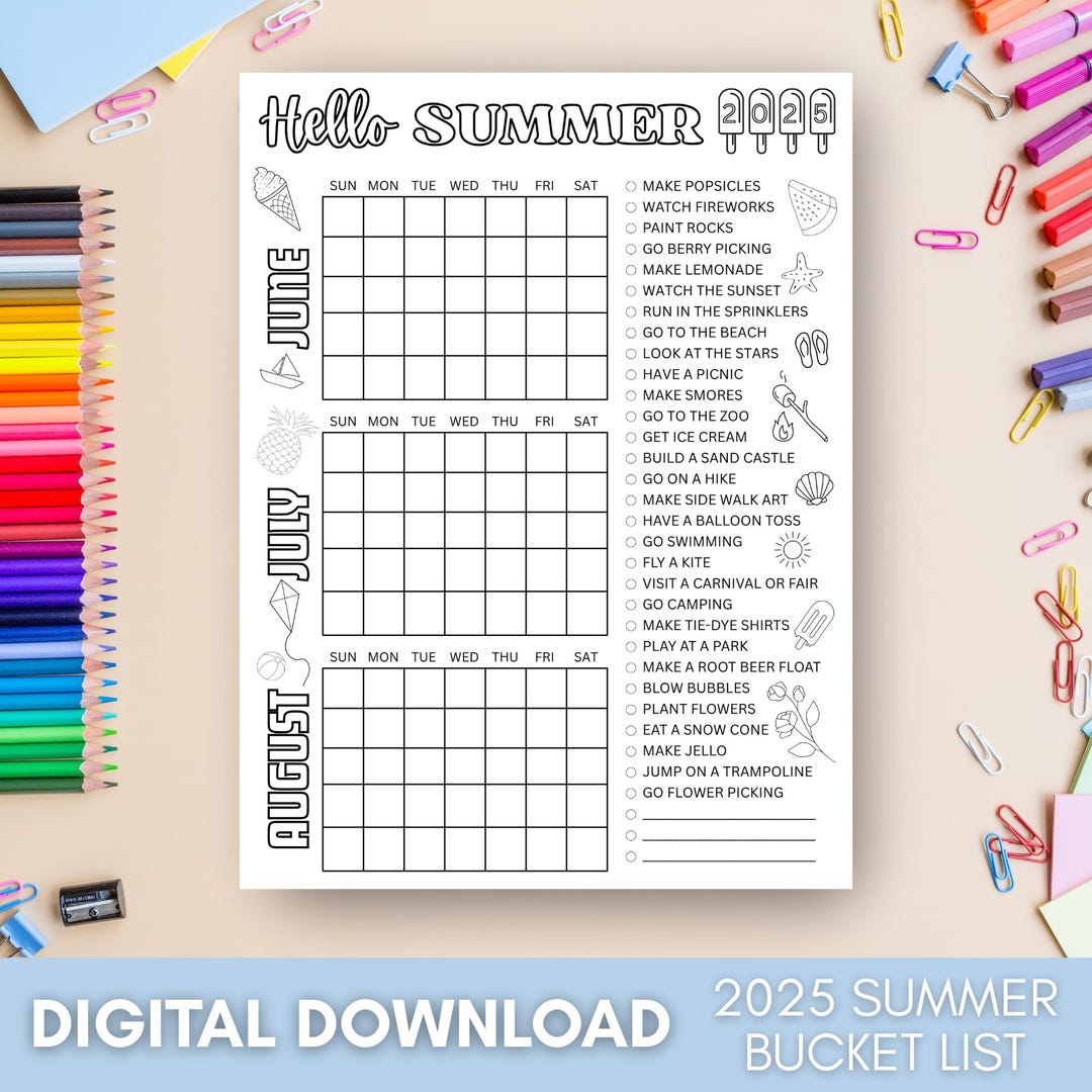 Downloadable 2025 Summer Bucket List Calendar | Kid's Creative Fun ...