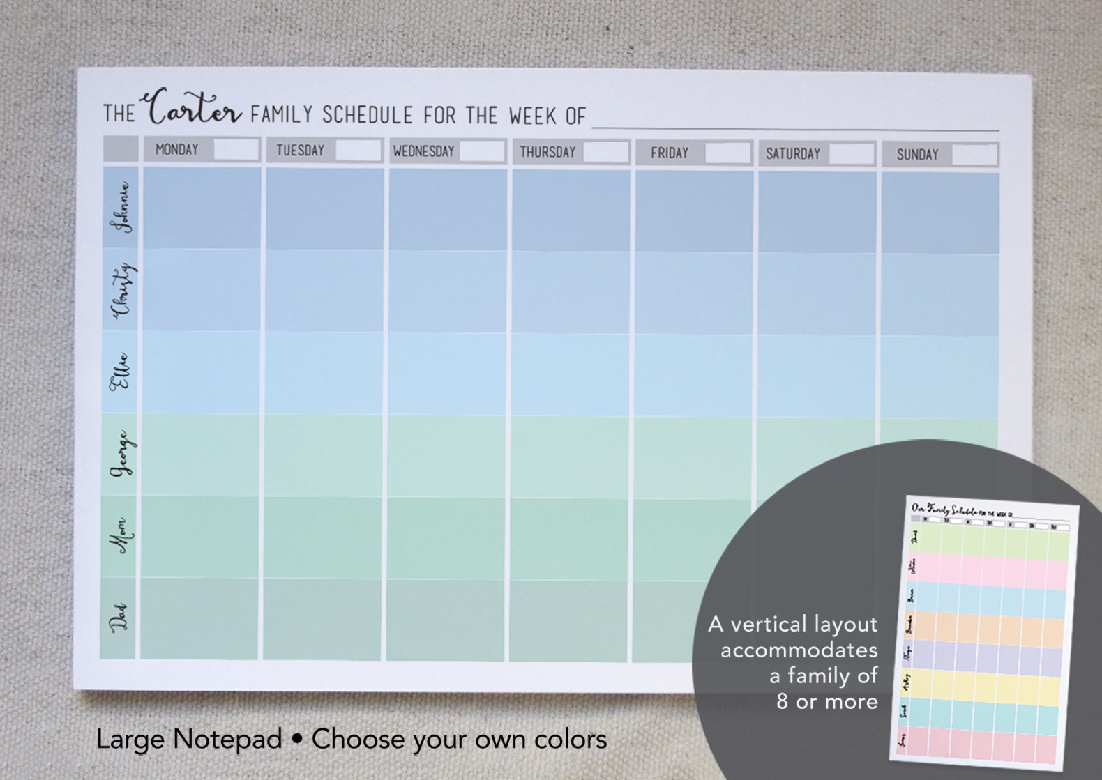 Custom Family Weekly Schedule Notepad // Organizational Pad // - Etsy