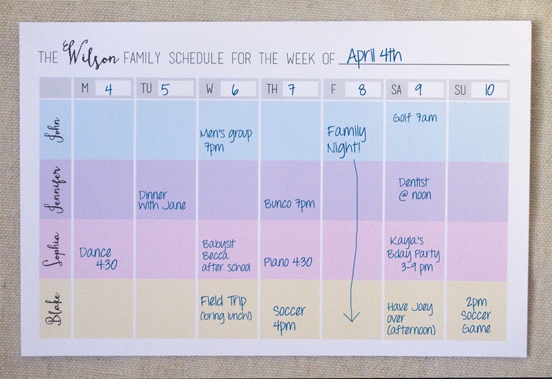 Printable Custom Family Weekly Schedule // Printable Planner - Etsy