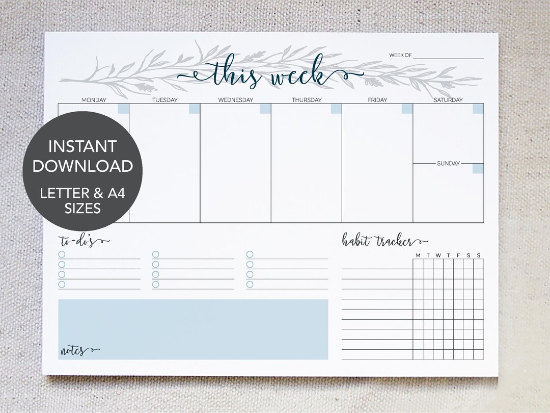 Printable Weekly Calendar, Weekly Agenda, Printable Weekly To-do List ...