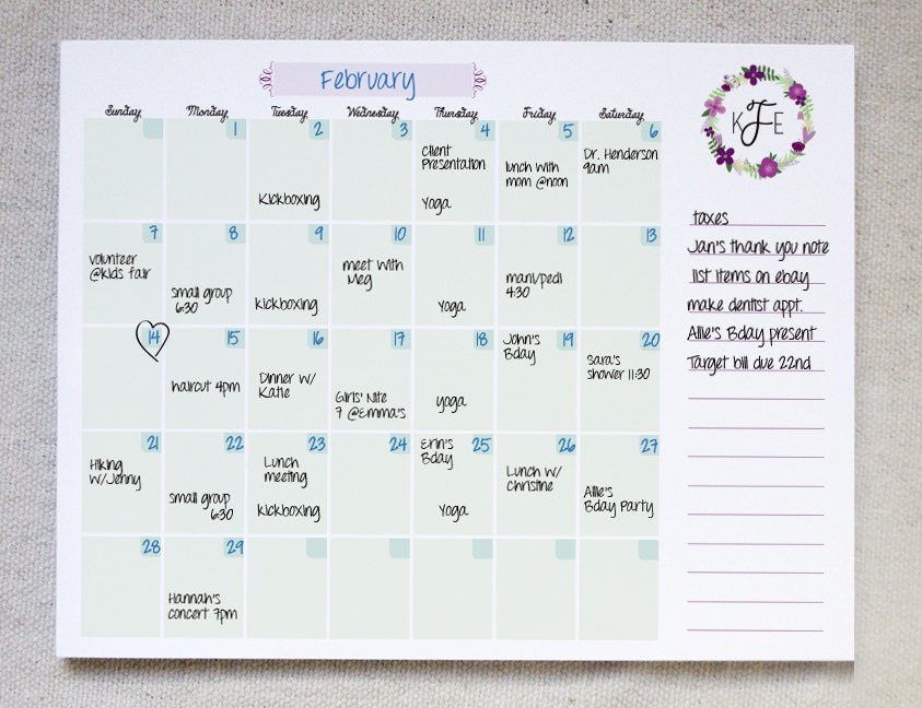 Printable Custom Monthly Calendar // Monogrammed Monthly | Etsy