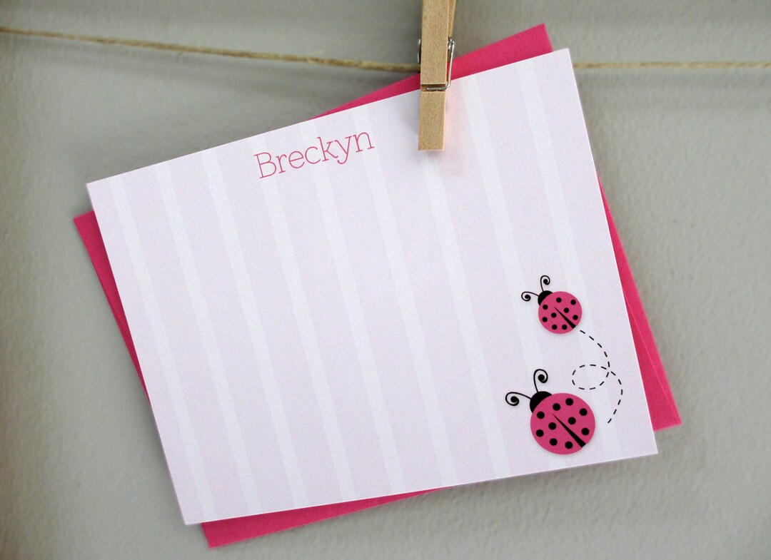 Flat Notecards -- Pink Ladybug, Custom Notecards, Personalized Stationery, Girls Notecards ...