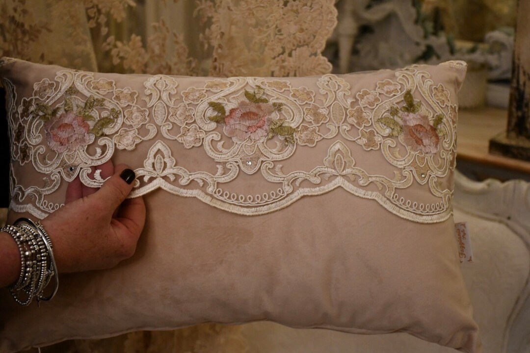 Beige Velvet and Fine Lace “maria Cecilia” Cushion With Regal Roses - Etsy