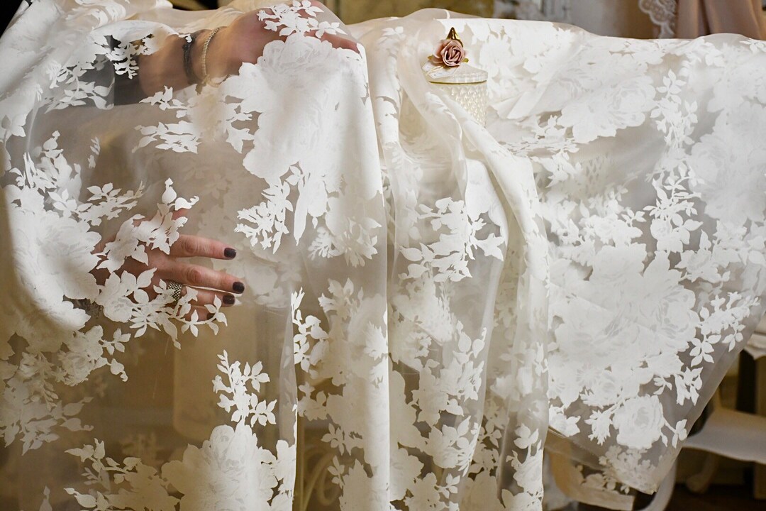 Total White Floral Organza Devoré Fabric for Curtains and Table Covers ...