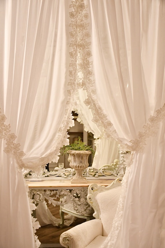 Wonderful Pair of White Silk Blend Curtains and Rose Branch Lace Etsy