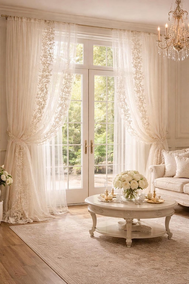 Completo Tende in Tulle Ricamato Bianco Candido – 4 Teli Artigianali ...