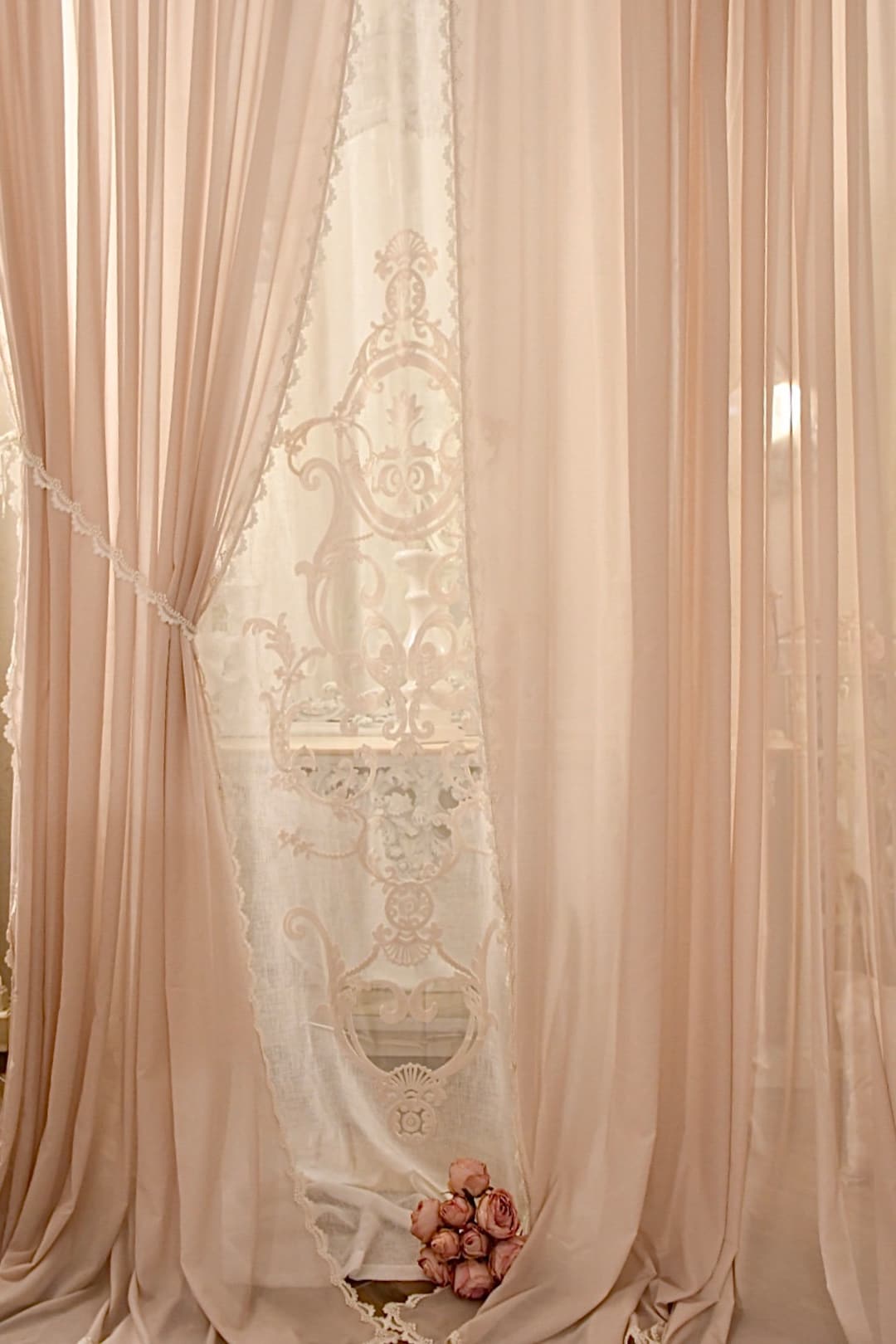 Powder Pink Georgette and Linen Curtain Set With Italian Embroidery ...