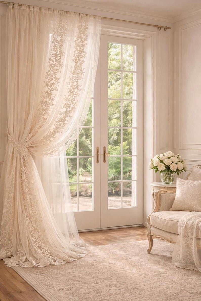 Completo Tende in Tulle Ricamato Bianco Candido – 4 Teli Artigianali ...