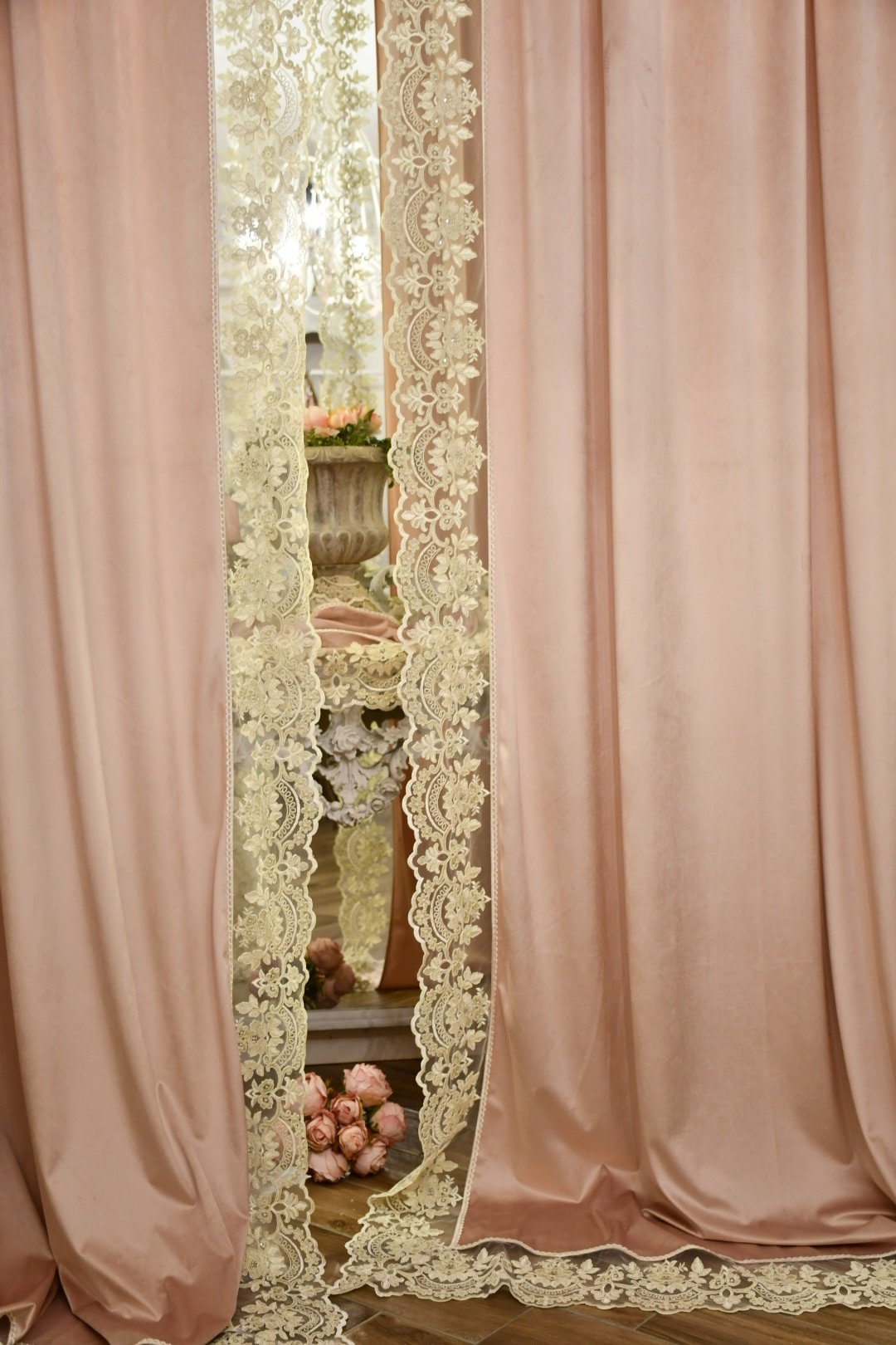 Pair of claire Pink Velvet and Lace Curtains - Etsy