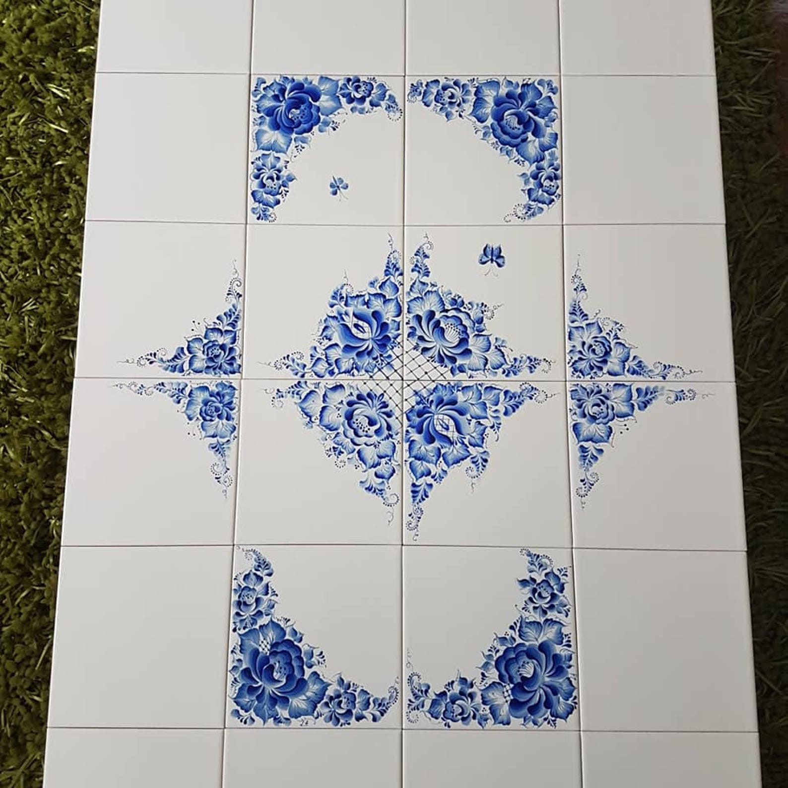 Hand Painted Tiles. Blue and White Ceramics. Fireplace. Bathroom ...