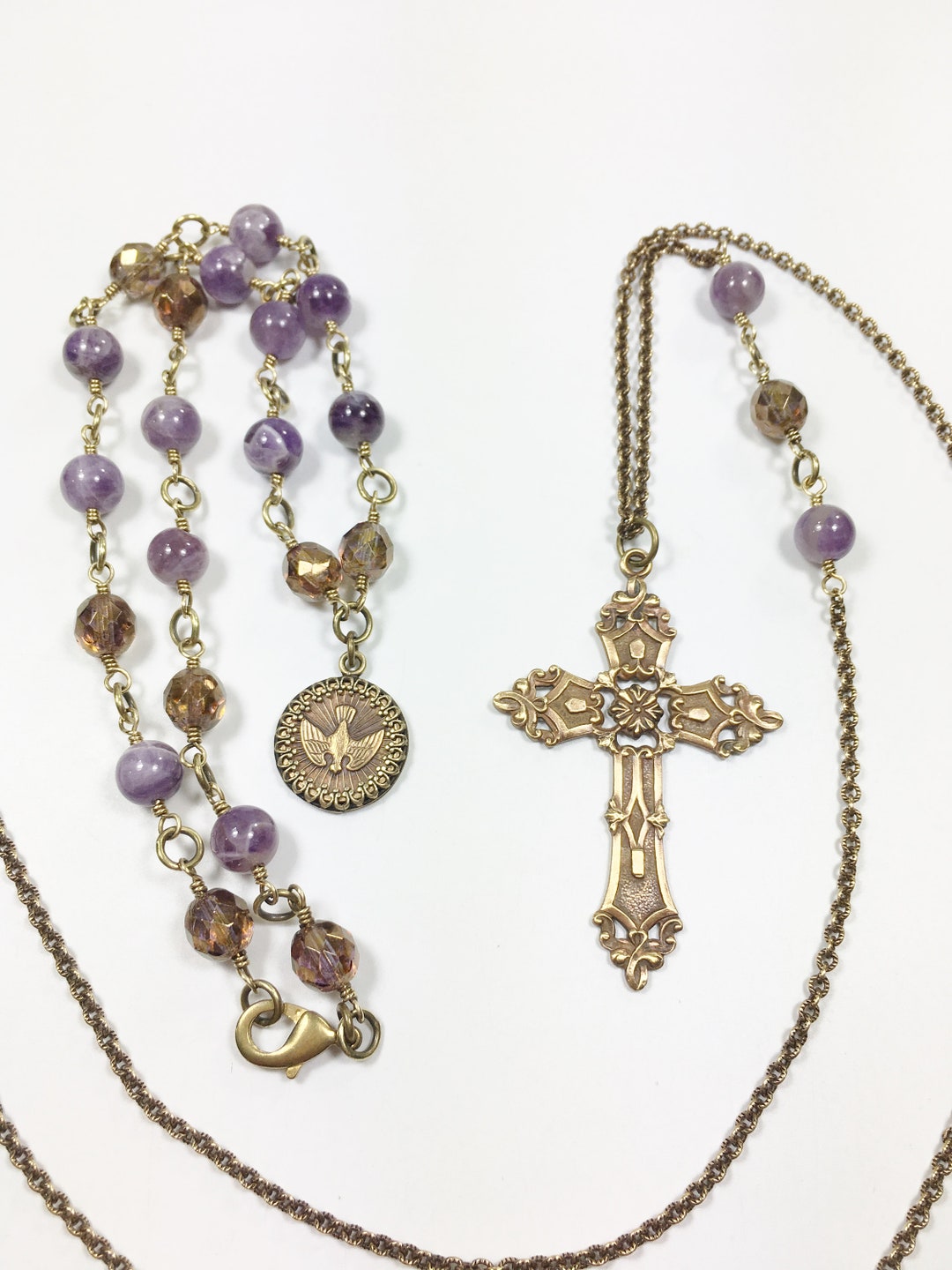 Layered Large Cross and Holy Spirit Necklaces, Two Piece Multi Strand ...