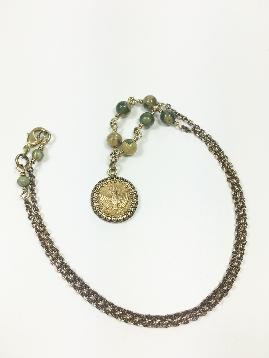 Small Holy Spirit Dove Medallion Pendant Necklace With Rhyolite Stone ...