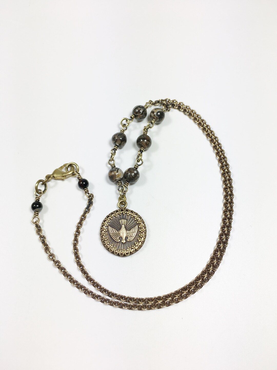 Small Holy Spirit Medallion Peace Dove Necklace With Brown Turritella ...