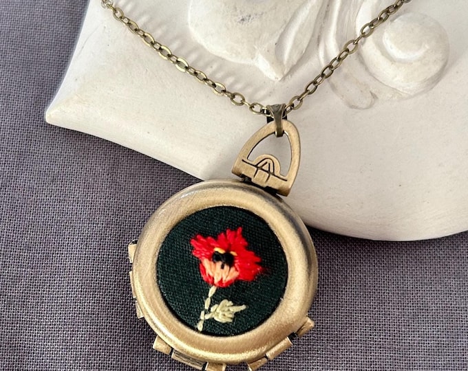 Hand Embroidered Poppy Necklace Floral Necklace Photo Locket 4 Photos ...