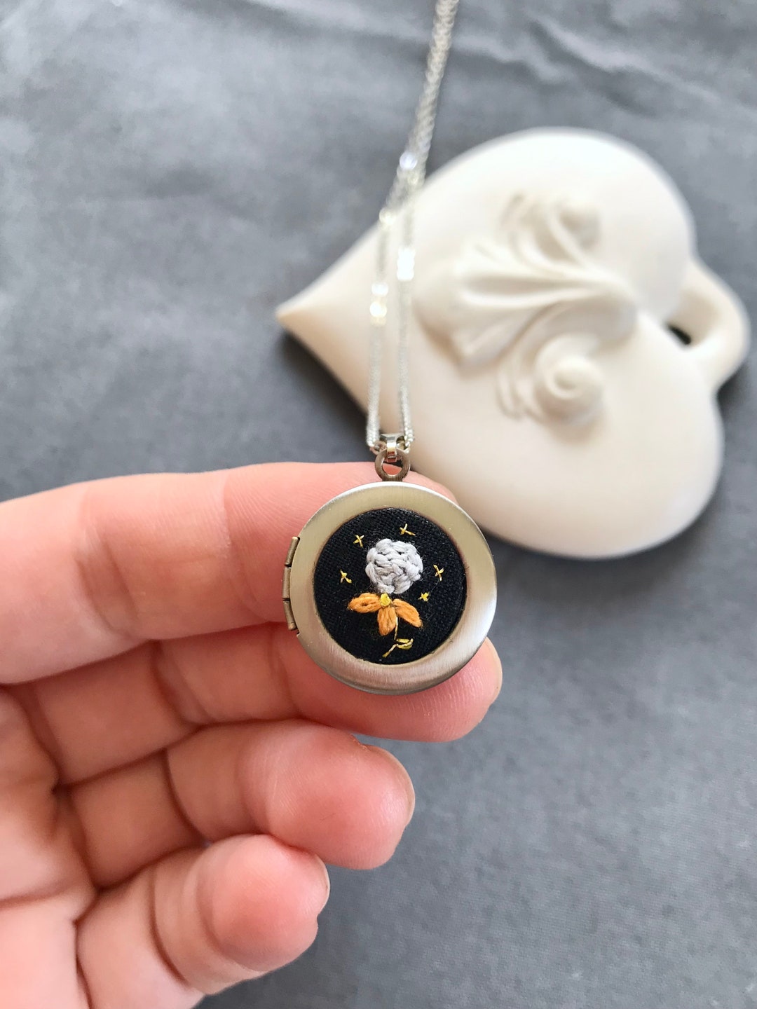 Small Embroidered Moon and Daisy Locket Necklace Family Photo Locket 2 ...