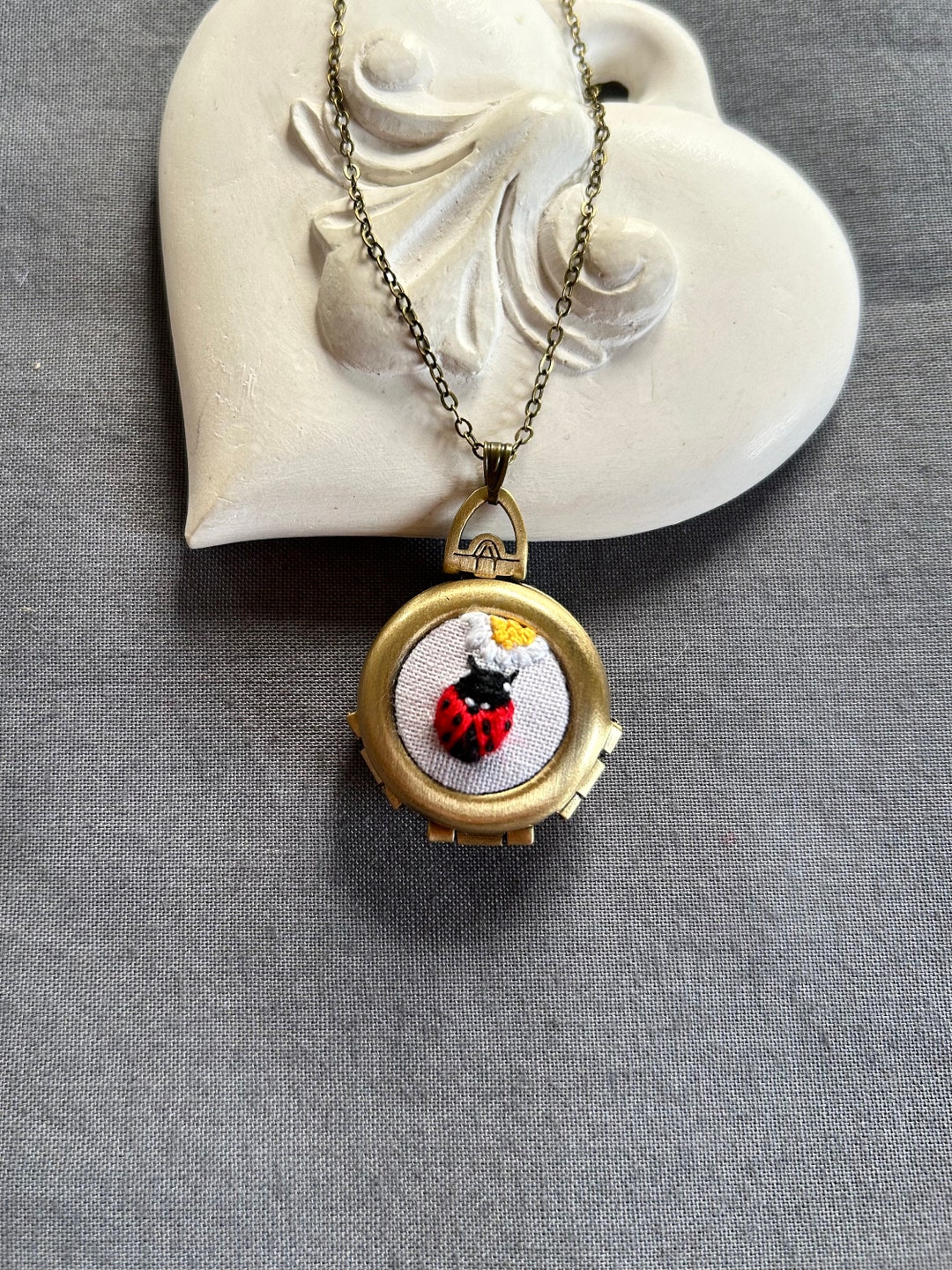 Hand Embroidered Ladybird Necklace Family Photo Locket 4 Photos Locket ...