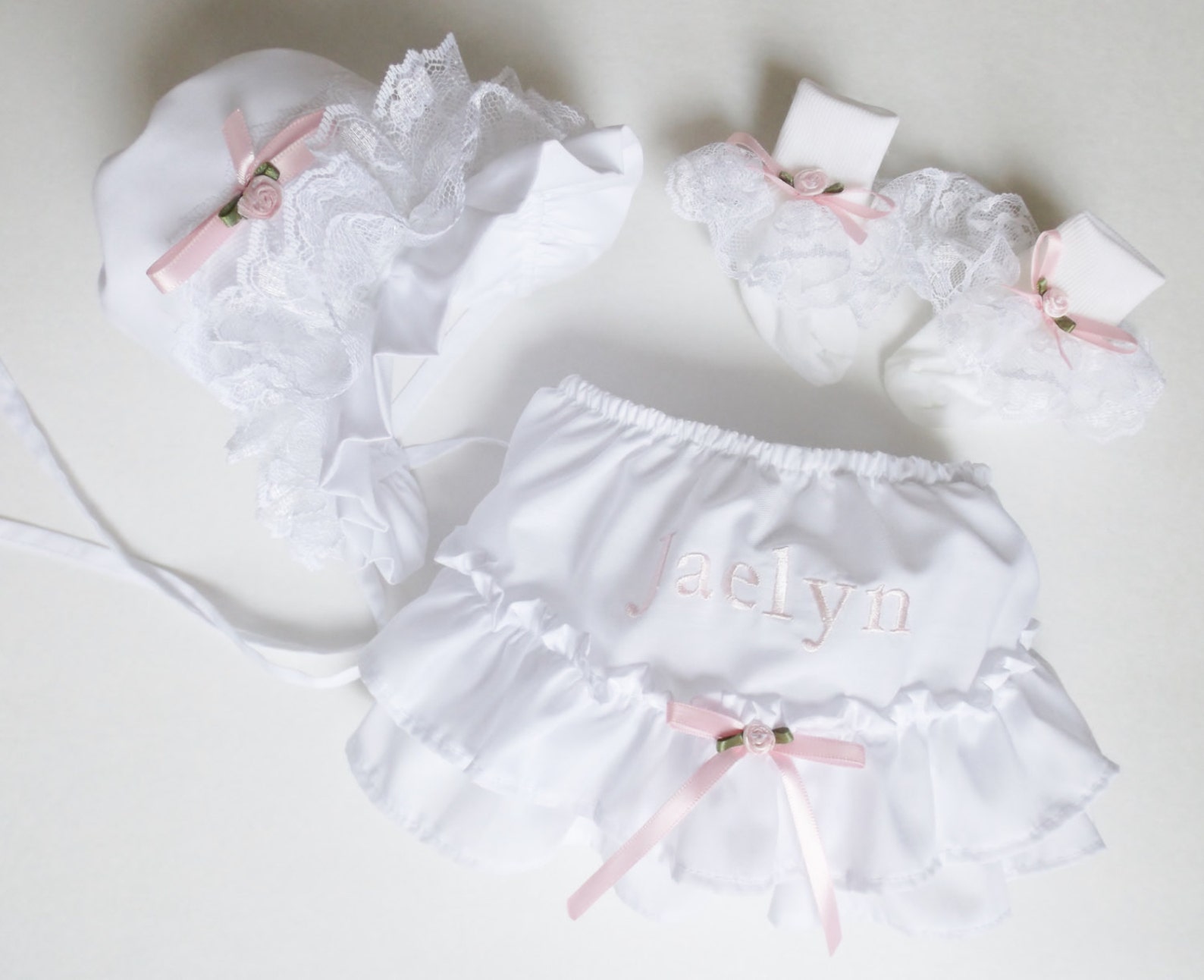 Baby Girl Fancy Frilly Lace Bonnet, Frilly Panty, Frilly Socks, Baby ...