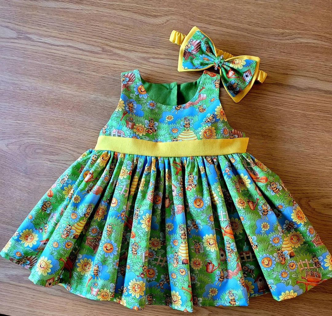 Adorable Bee Print Dress With Matching Big Bow Headband, Fun Bee & Sun ...