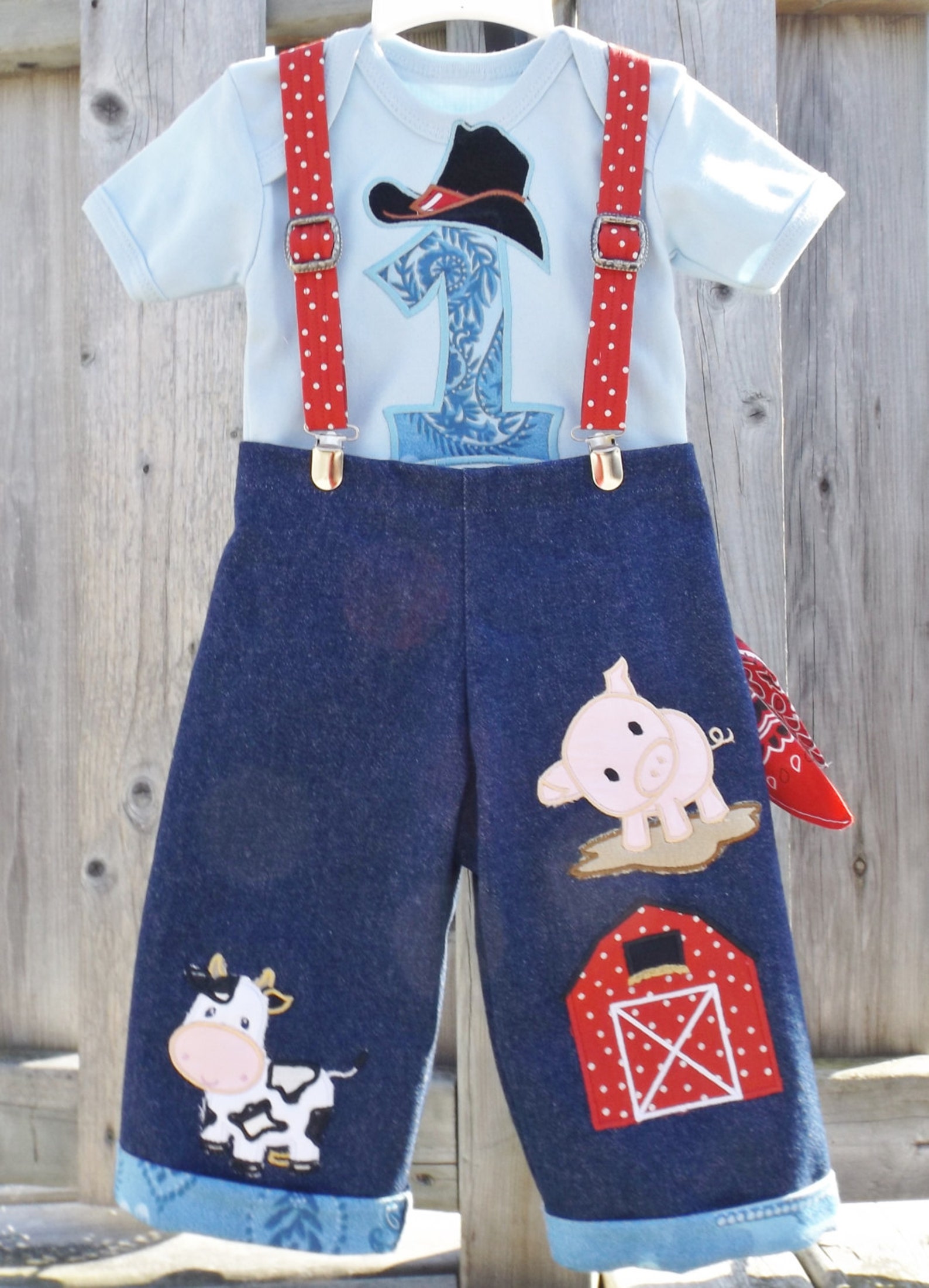 Boy's Farm Theme Birthday Outfit With Suspenders, Bodysuit, Denim Jeans ...
